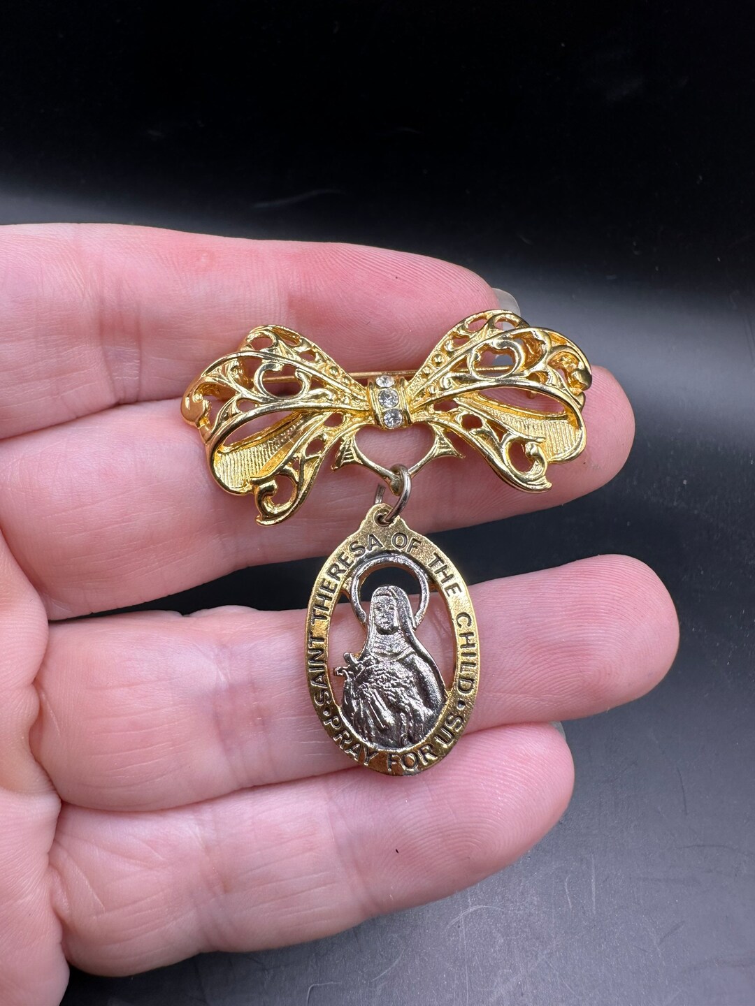 Vintage Bow Pin With Saint Therese Religious Medal - Etsy