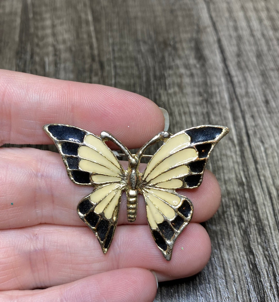 Vintage Enamel Black and Cream Butterfly Pin - Etsy