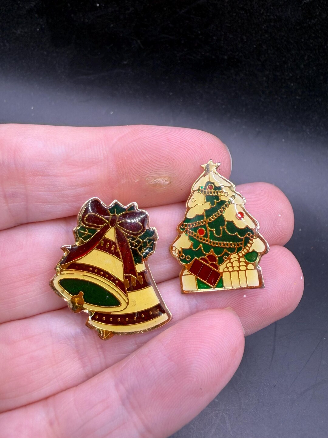 Vintage Enamel Christmas Tree and Bell Pins Brooch Lapel Pins Holiday ...