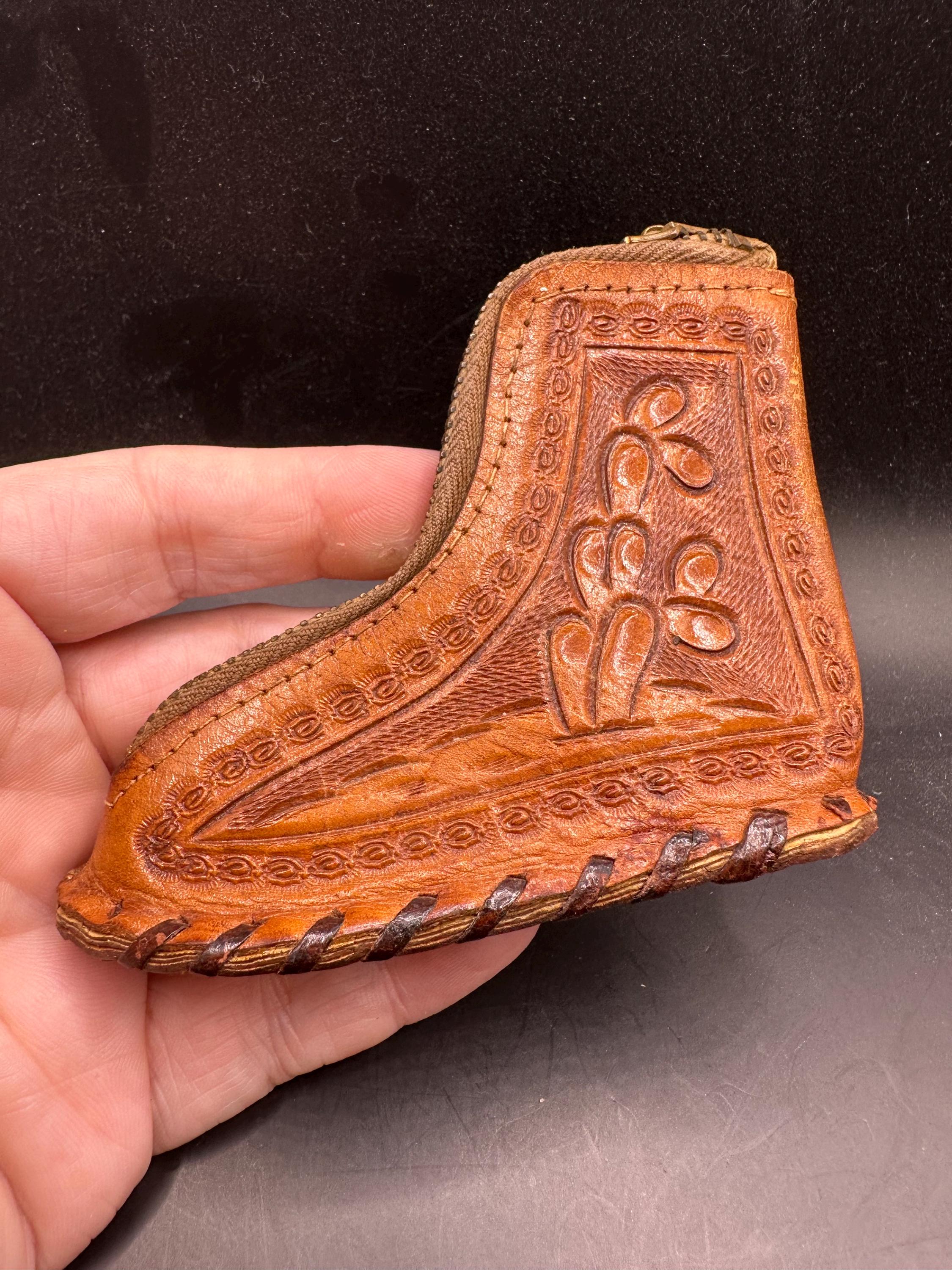 Vintage Leather Boot Coin Purse, Hand Tooled With Brass Zipper, Mexico ...