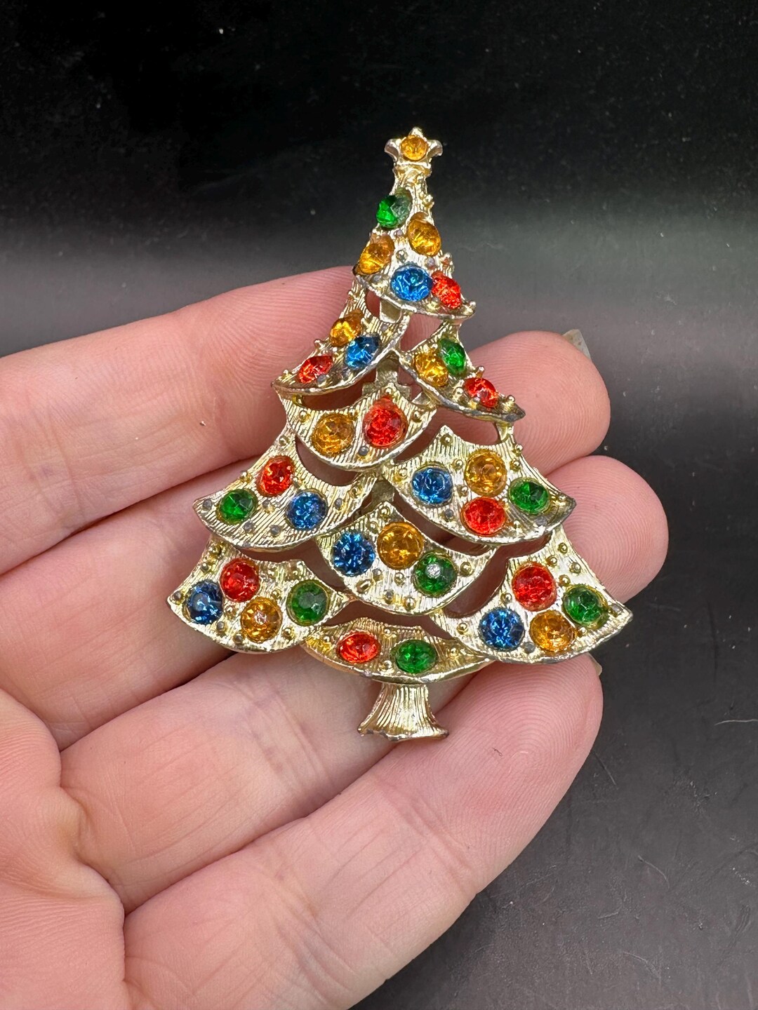 Vintage Christmas Tree Brooch Pin Gold Multicolor Rhinestones MCM 1960s ...
