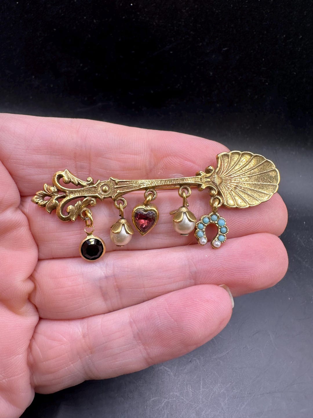 Vintage Scalloped Spoon Style Pin With Horsehoe Faux Pearl and ...