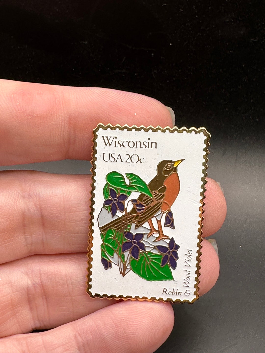 Vintage Wisconsin Robin Bird and Wood Violet Postage Stamp Style Pin - Etsy