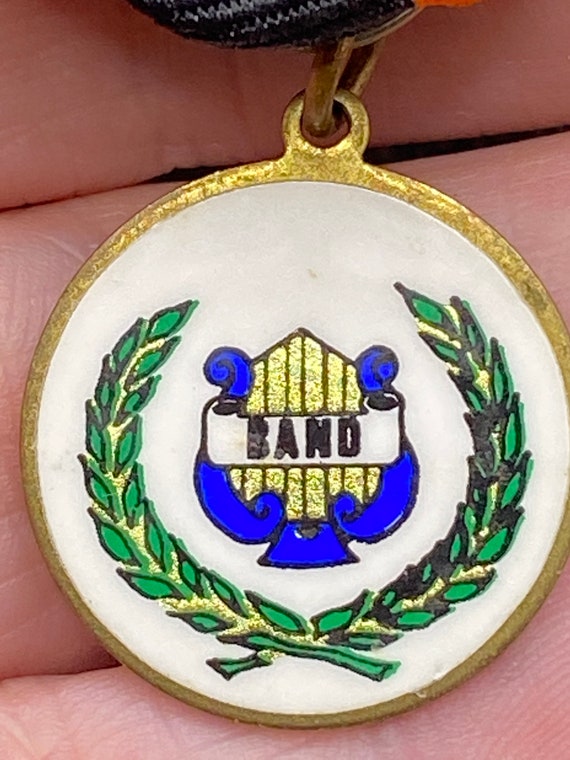 Vintage Enamel Band School Medal Pin - Gem
