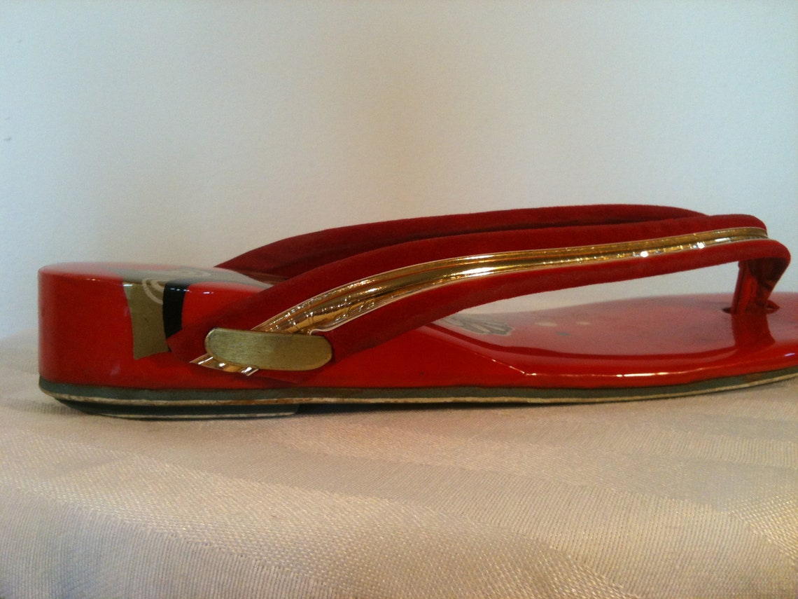 Antique, 1920s / Modified Geta Slippers, Rare Technique / Flame Red and ...