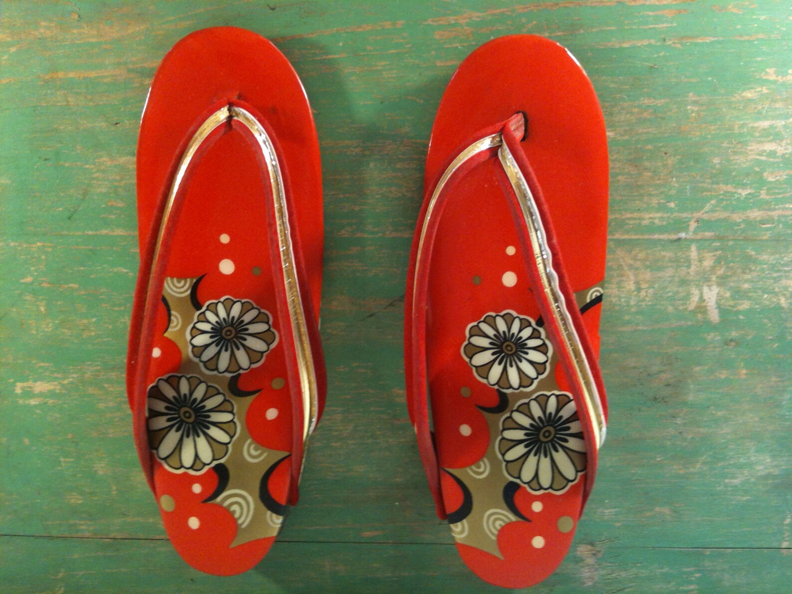 Antique, 1920s / Modified Geta Slippers, Rare Technique / Flame Red and ...