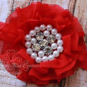 Red Sparkle Couture Chiffon Ruffle Flower With Pearls & Rhinestones ...