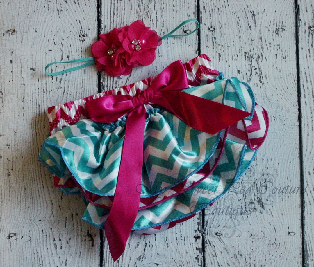 Hot Pink & Teal Chevron Satin Ruffle Bloomer Set- Headband and Bloomers ...