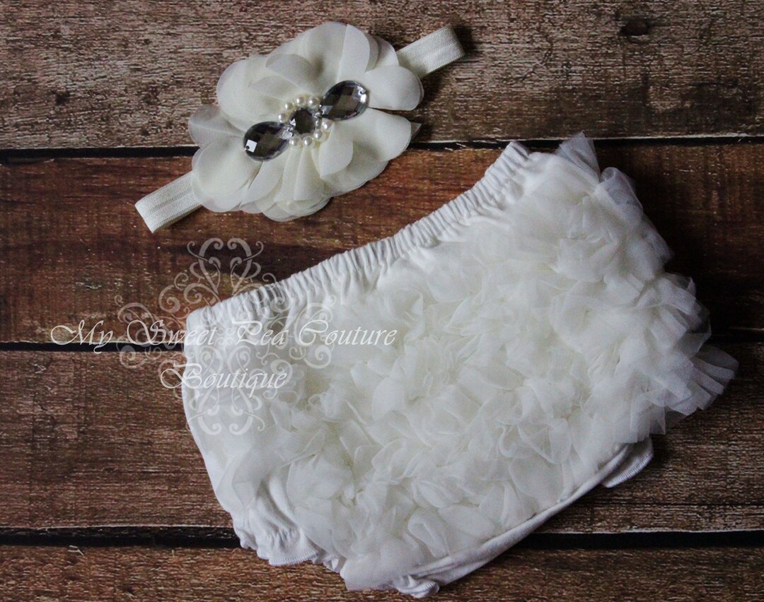 Ivory Chiffon Ruffle Bloomer & Headband Set Ivory Diaper - Etsy