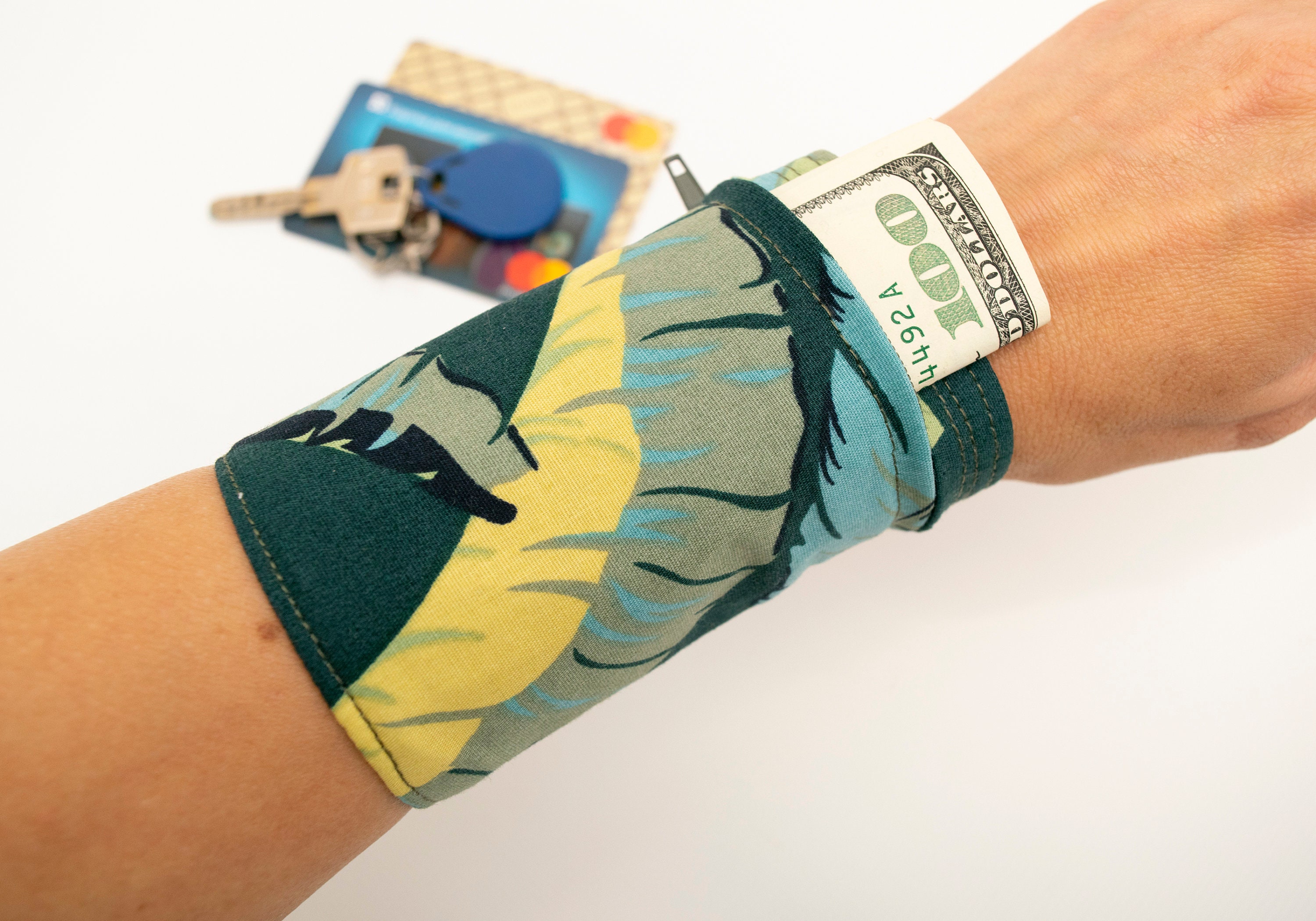 Travel Wrist Wallet Green Tropical Leaves Wristband Arm Wallet Cuff ...