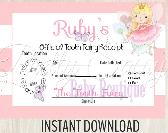 Tooth Fairy Receipt Printable Tooth Chart, Instant Download Tooth Fairy ...