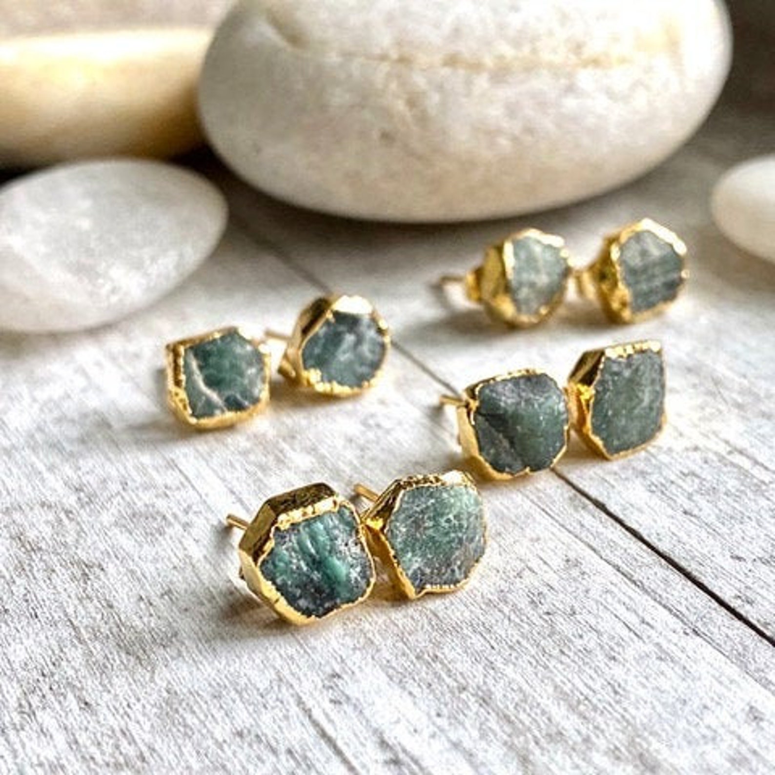 Emerald Stud Earrings May Birthstone Earrings Raw Emerald - Etsy
