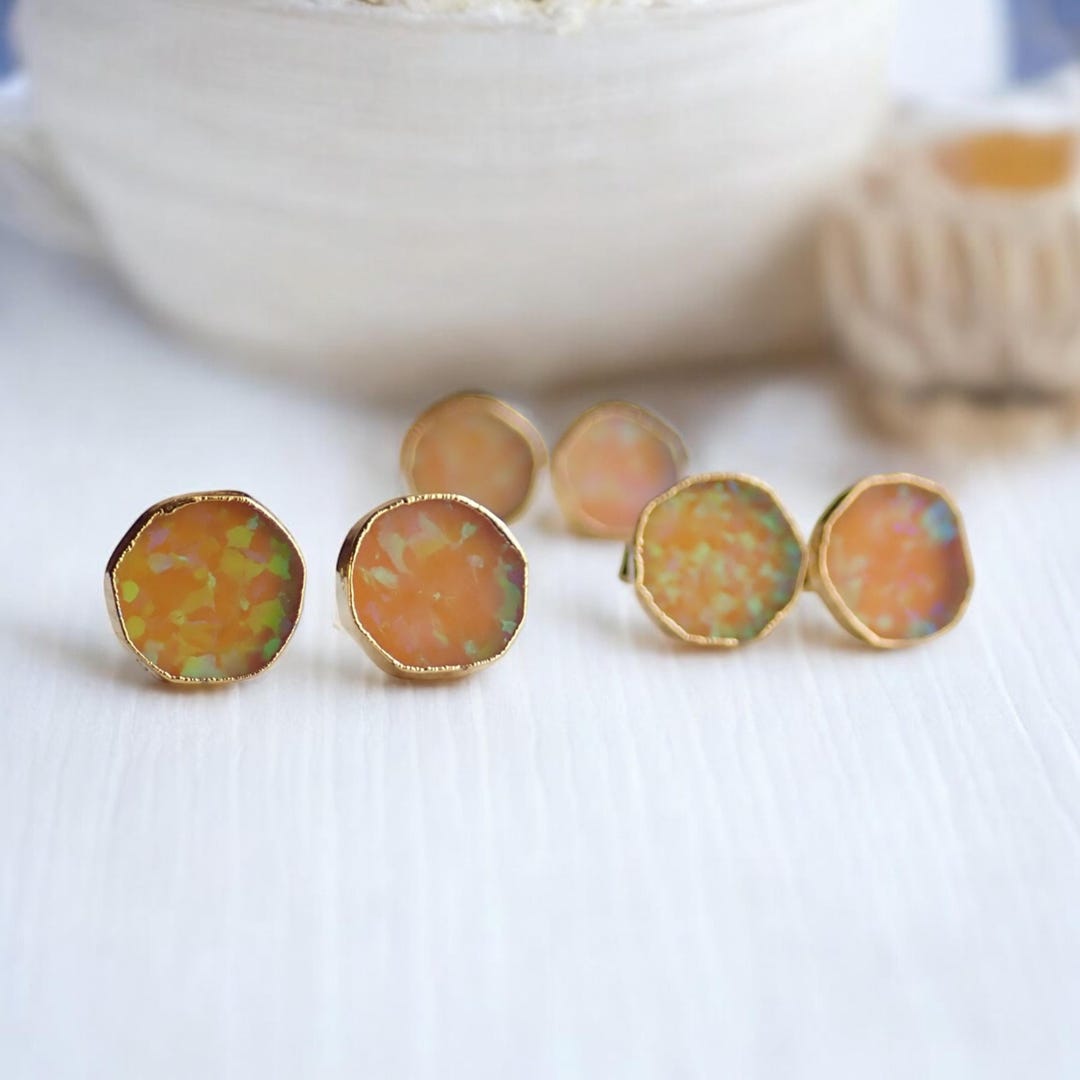 Fire Opal Stud Earrings | 14k Gold Opal Earrings | October Birthstone ...