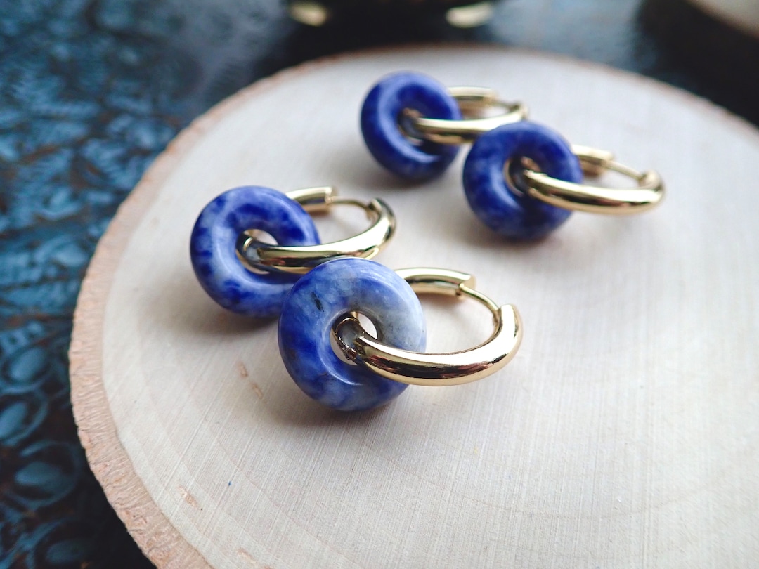18k Gold Waterproof Gemstone Hoop Earrings, Natural Stone Gold Hoop ...