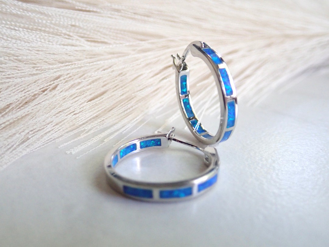 Silver Opal Hoop Earrings, Blue Opal Hoops Silver, Inlaid Gemstone ...