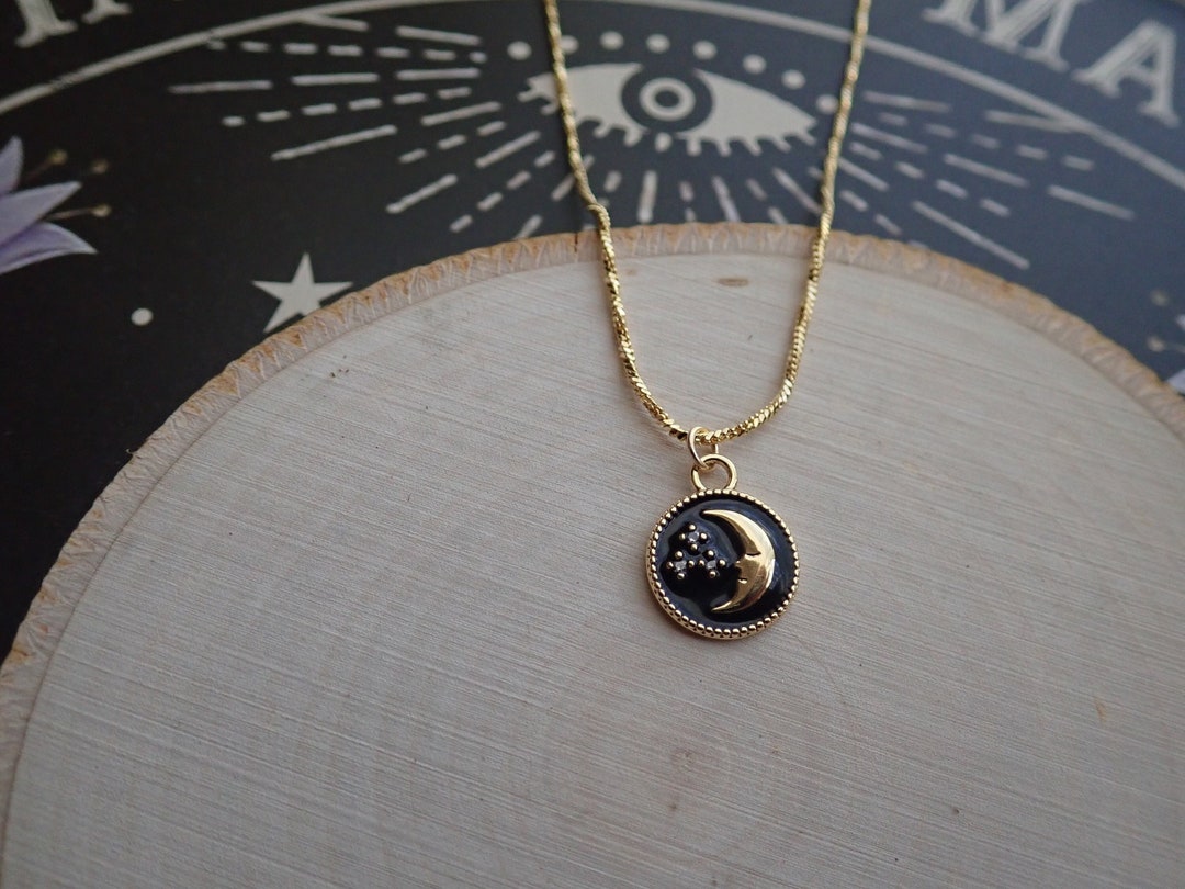 Crescent Moon Pendant Necklace, Celestial Moon Necklace, Round Black ...