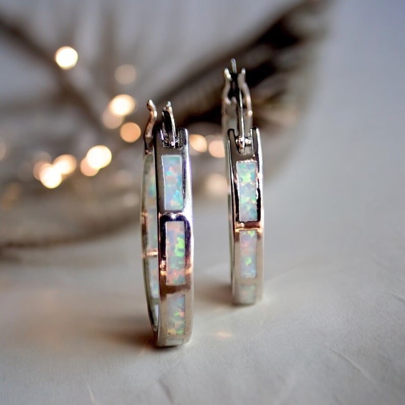Opal Hoop Earrings, Opal Inlay Earrings, Gold Gemstone Hoops, Opal ...