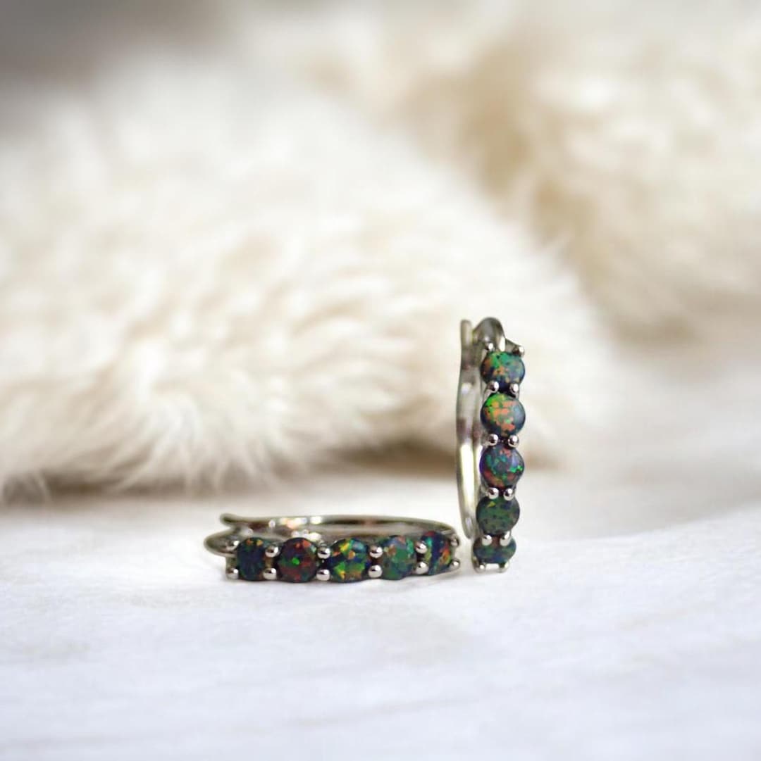 Black Opal Hoop Earrings Silver, Opal Earrings, Opal Jewelry, Small ...