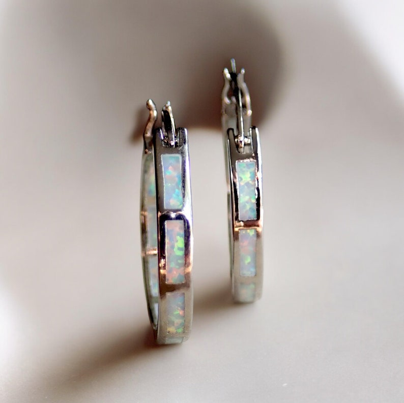 Opal Hoop Earrings, Opal Inlay Earrings, Gold Gemstone Hoops, Opal ...