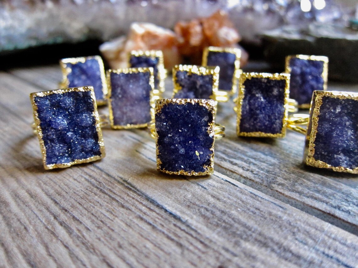 Large Rectangle Gemstone Statement Ring, Druzy Agate Ring Gold, Purple ...