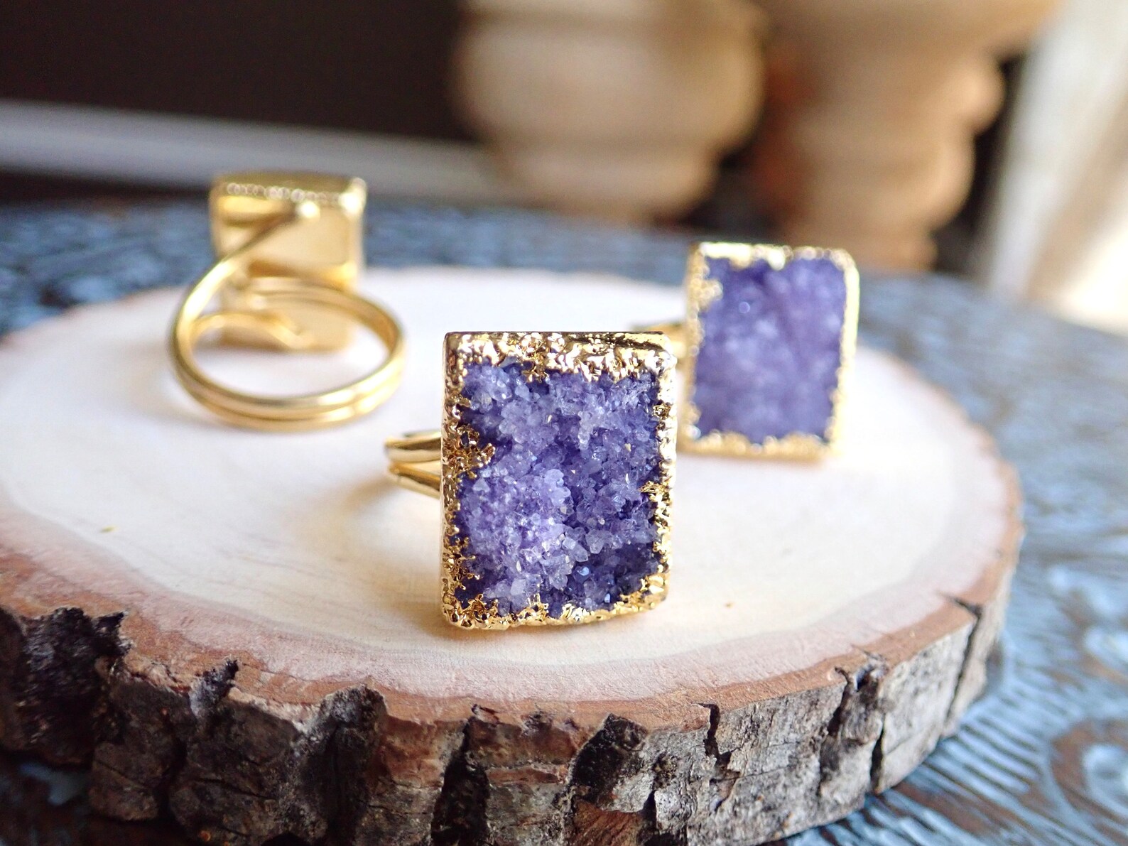 Large Rectangle Gemstone Statement Ring, Druzy Agate Ring Gold, Purple ...