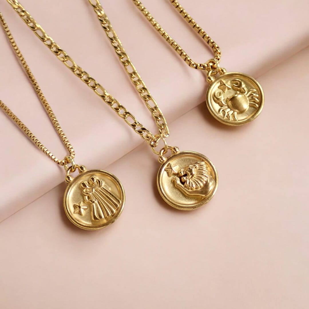 Zodiac Pendant Necklace, Gold Coin Zodiac Necklace, Dainty Zodiac ...