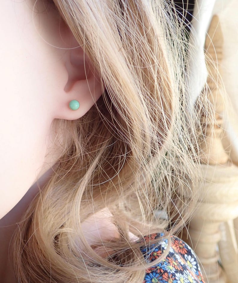 Tiny Small Round Turquoise Stud Earrings, Dainty Gemstone Dot Post ...