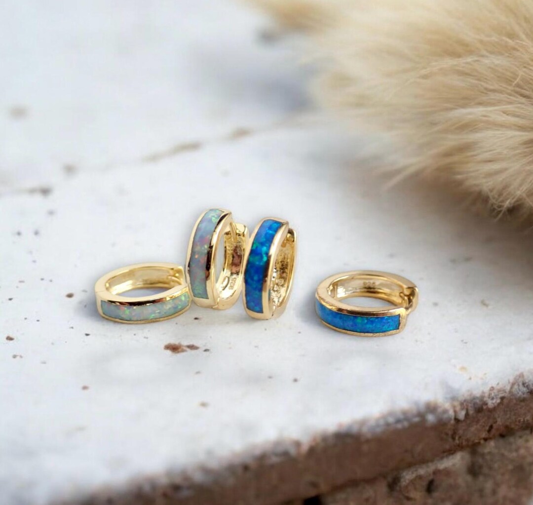 White Blue Opal Inlay Huggie Hoops, Small Opal Hoop Earrings,dainty ...