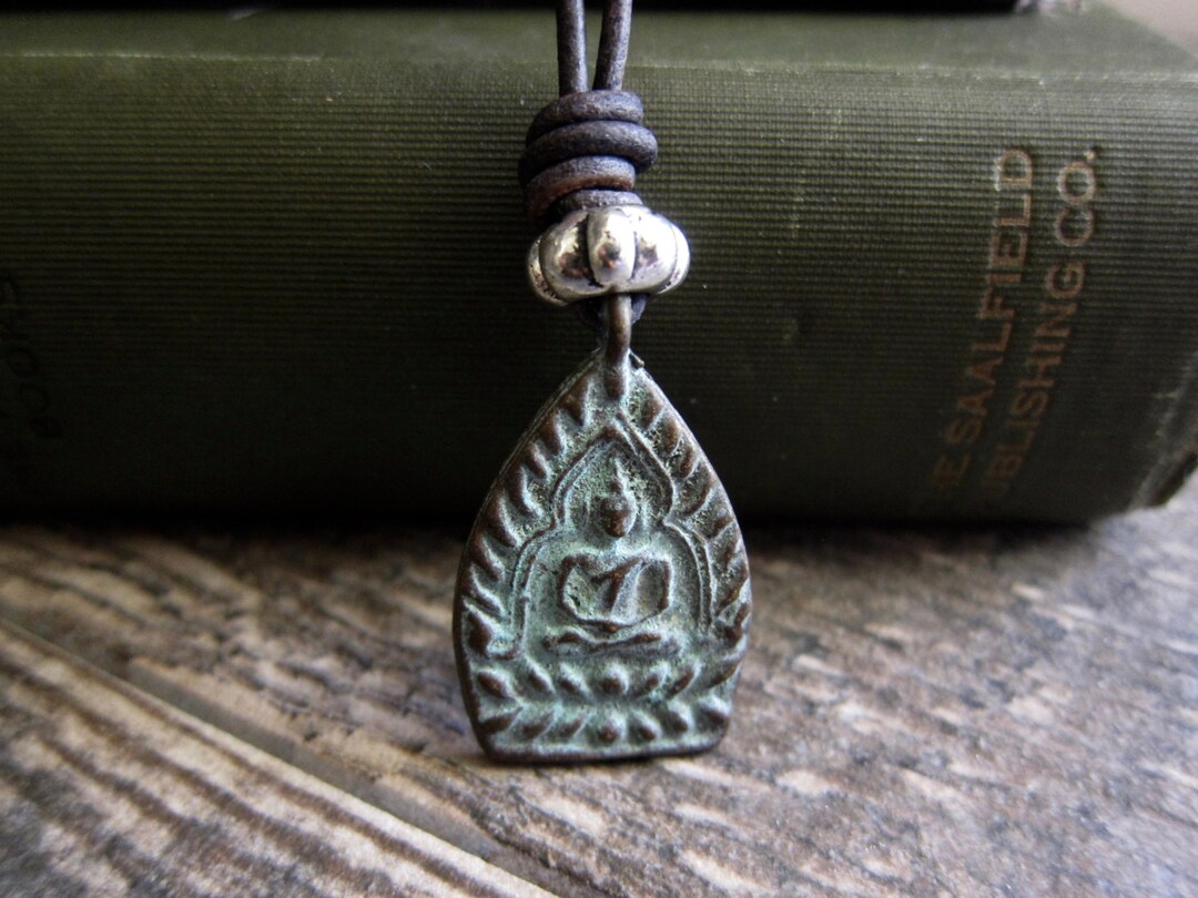 Meditating Buddha Bronze Amulet on Adjustable Rustic Leather Cord ...