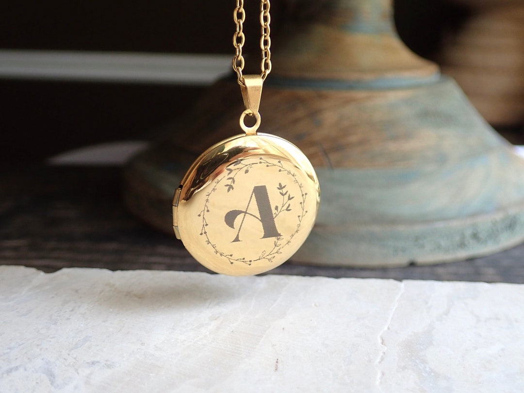 Engraved Locket Necklace Gold Custom Locket Jewelry Picture Initial ...