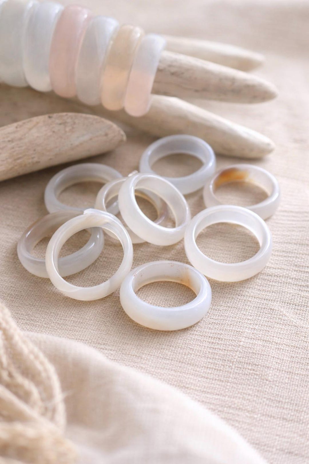 White Clear Solid Agate Stone Band Ring, Solid Gemstone Ring, Carved ...