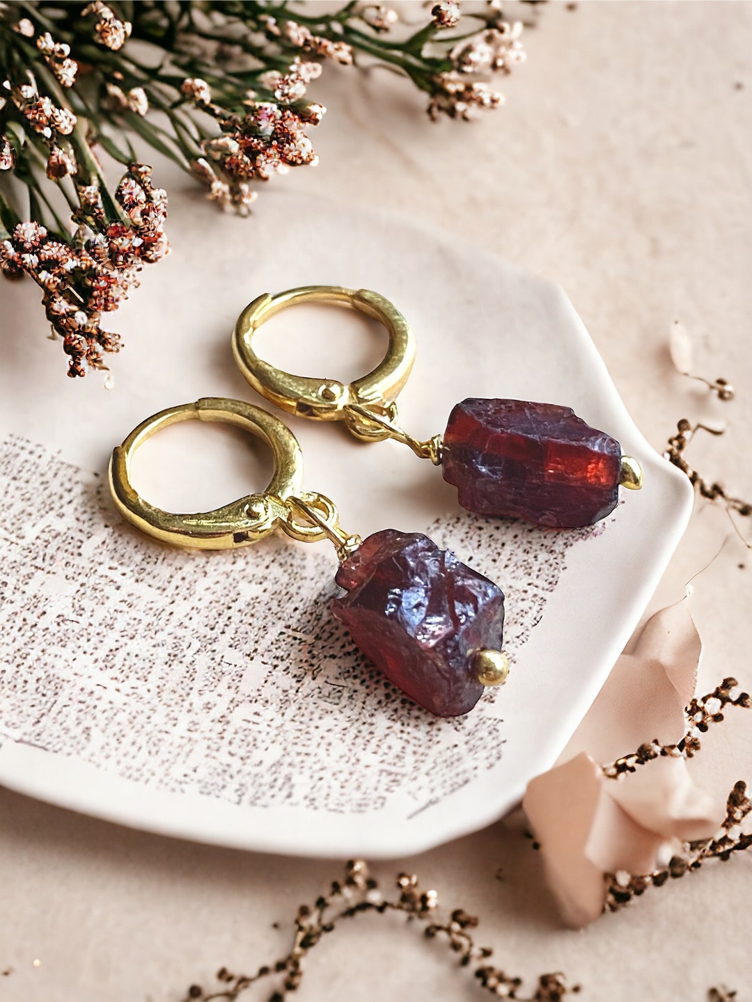 Garnet Dangle Earrings Gold, Red Crystal Hoop Earrings, Gemstone Hoops ...