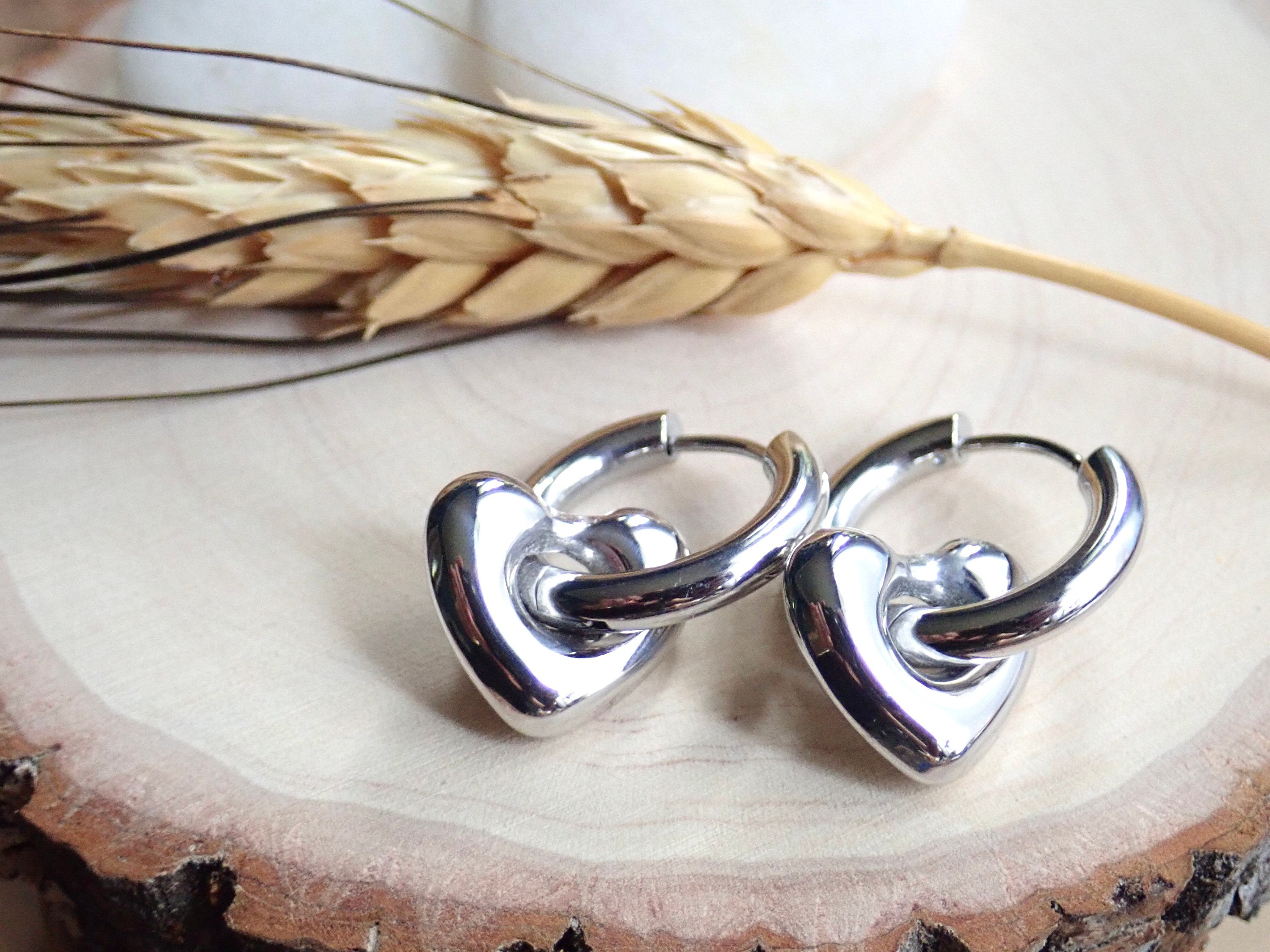 Silver Heart Charm Hoop Earrings, Dangle Puffy Heart Hoops,balloon ...