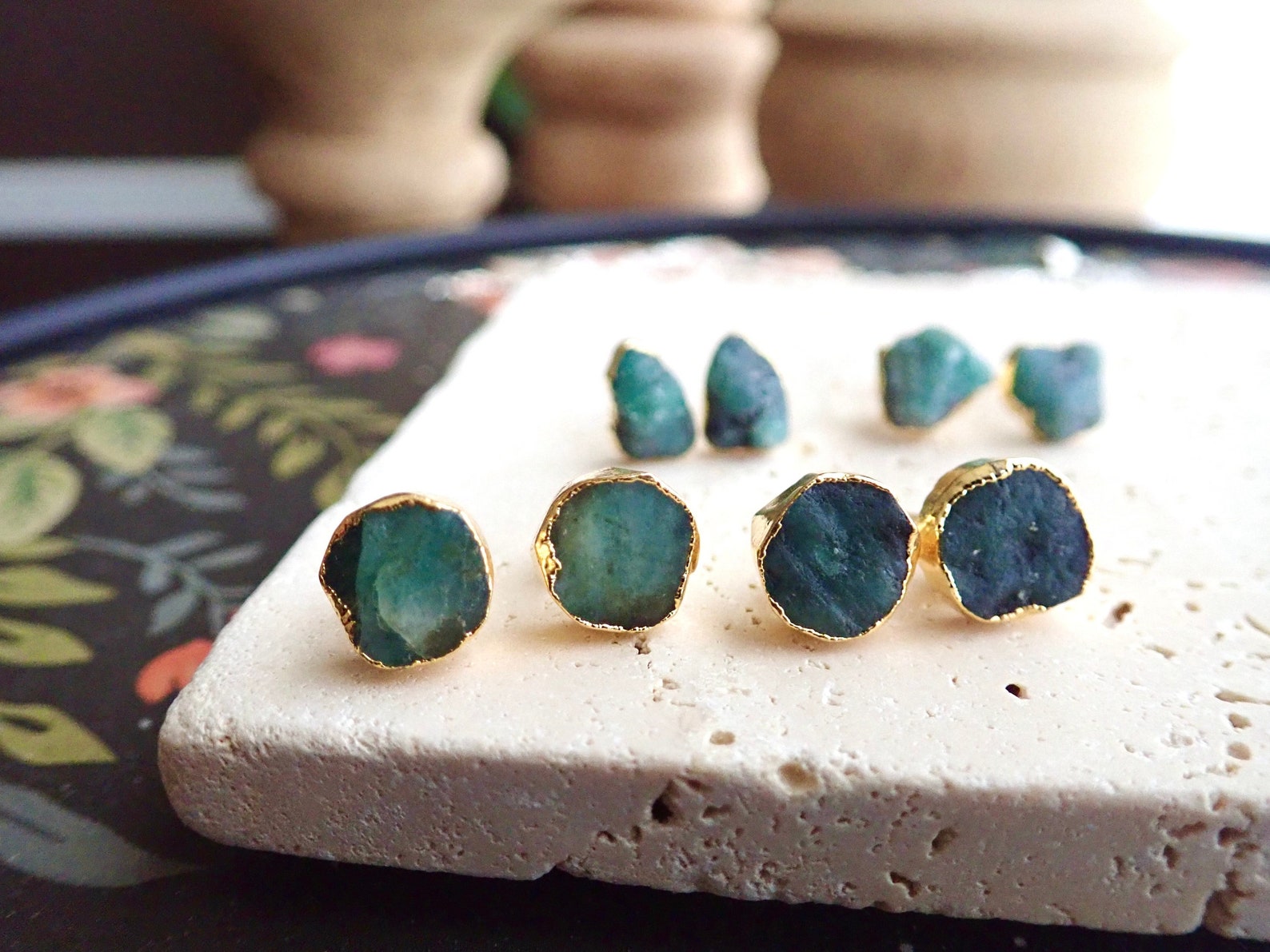 Emerald Stud Earrings May Birthstone Earrings Raw Emerald - Etsy