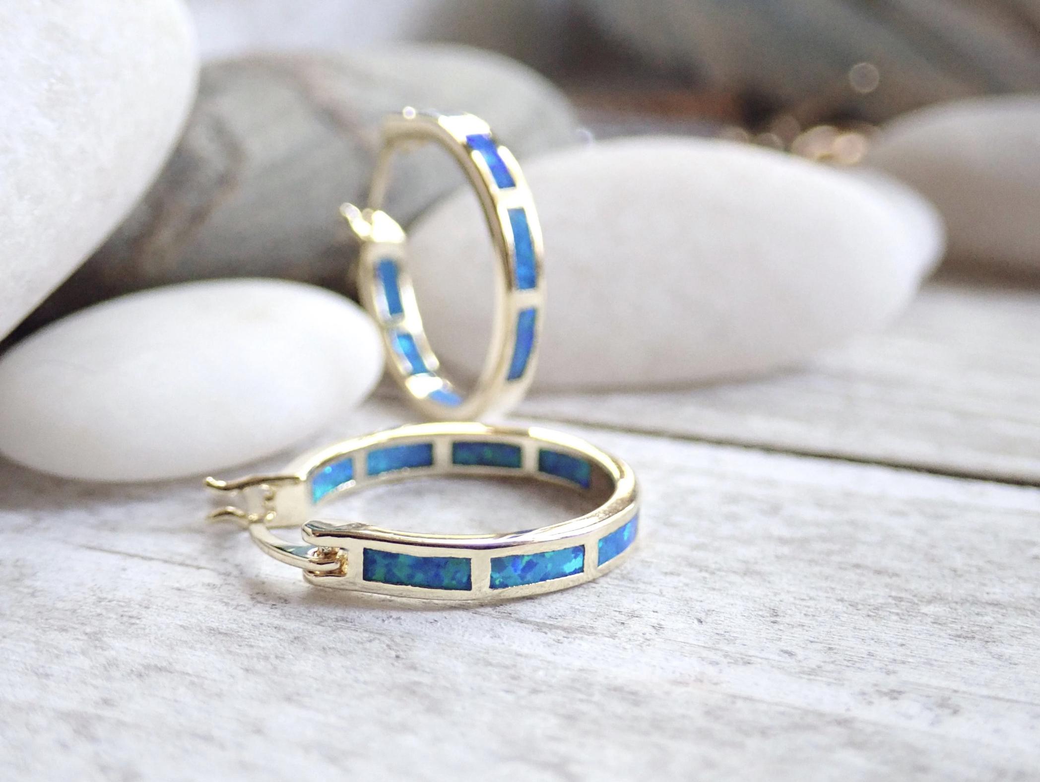 Opal Hoop Earrings, Opal Inlay Earrings, Gold Gemstone Hoops, Opal ...