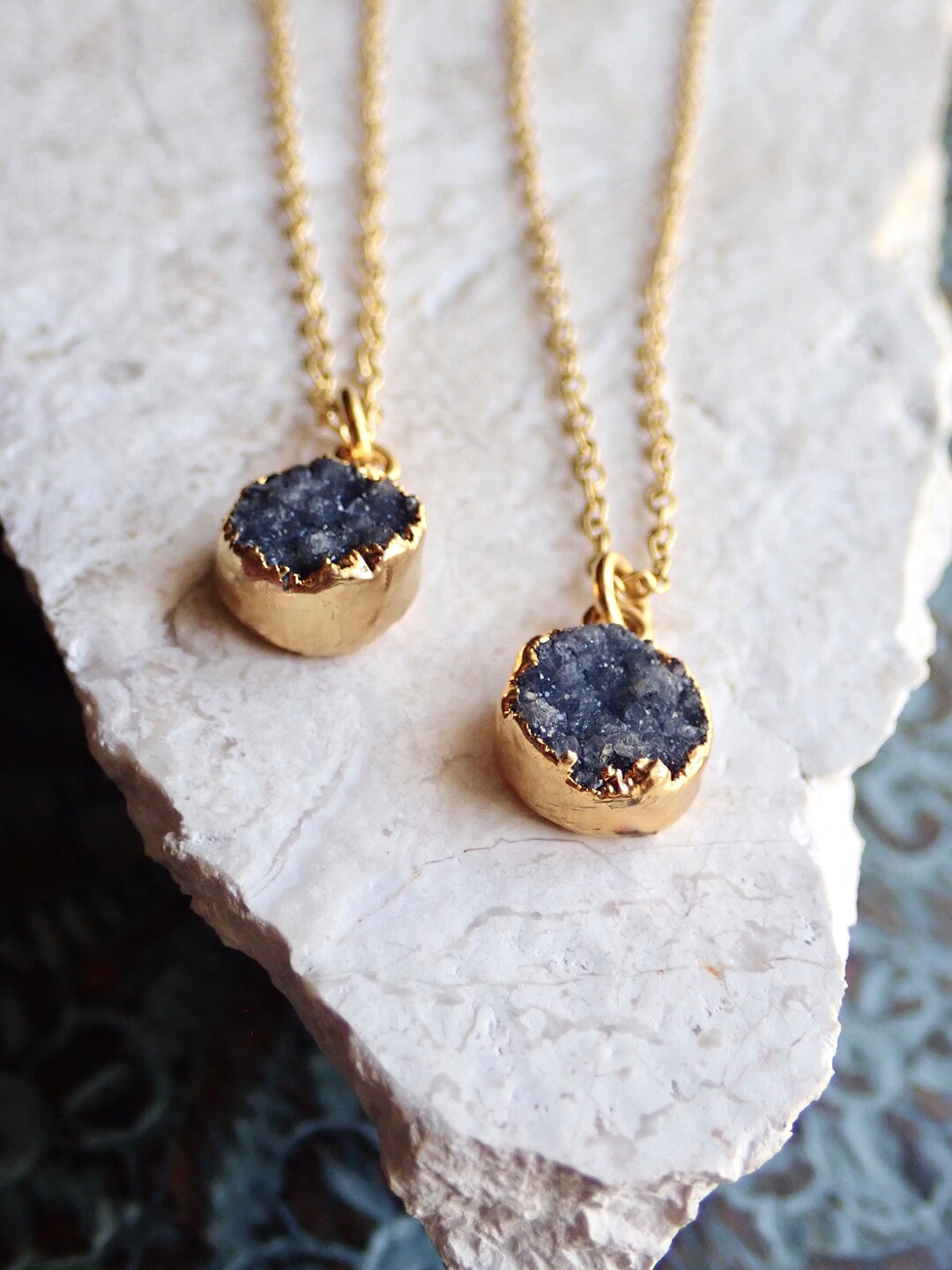 Storm Cloud Blue Druzy Gemstone Necklace, Dainty Round Gemstone Pendant ...