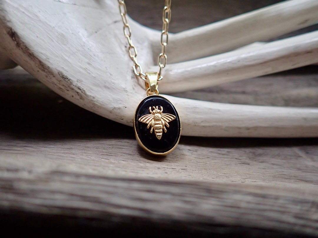 Oval Bee Medallion Necklace, Black Onyx Jewelry, Gold Fill Honey Bee ...