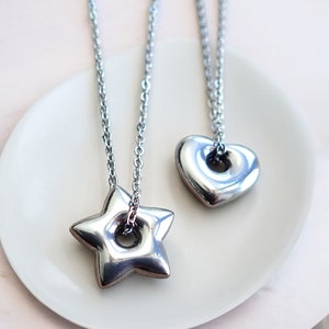 Star Necklace Silver, WATERPROOF Puffy Heart Necklace, Chunky Star ...