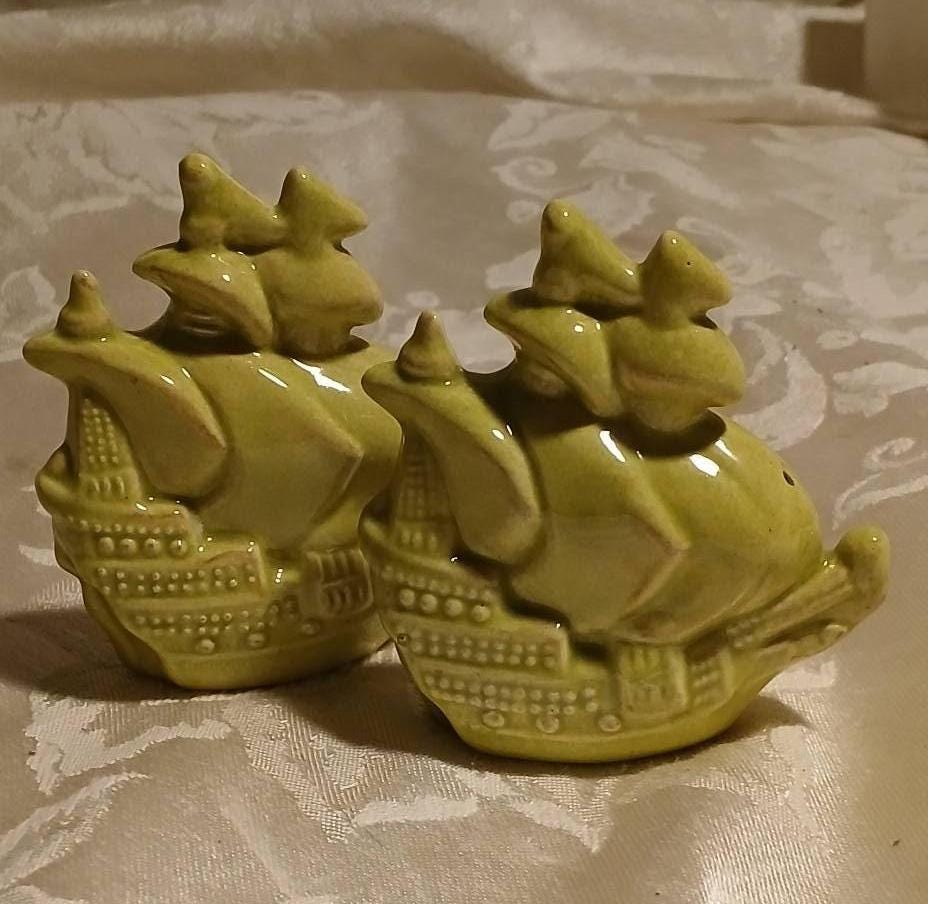 Vintage Sailing Ship Schooner Salt and Pepper Shakers Green Ceramic - Etsy
