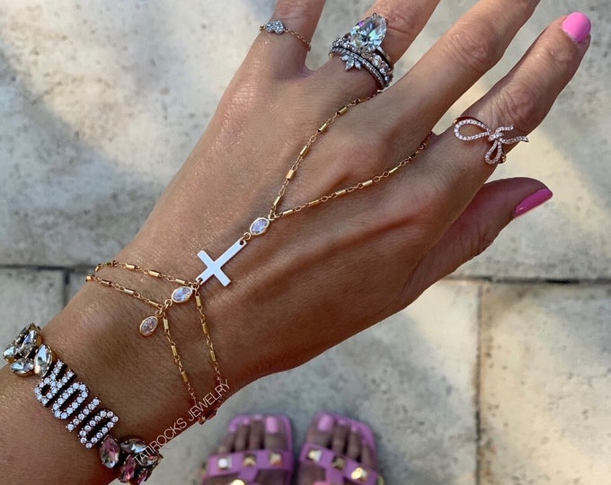 The Way Cross Hand Chain, Cross Bracelet, CZ Cross Hand Chain, Cross ...