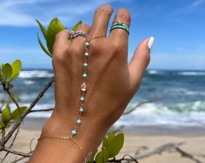 Cici Turquoise Hand Chain, Finger Bracelet, Boho Hand Chain, CZ Hand ...