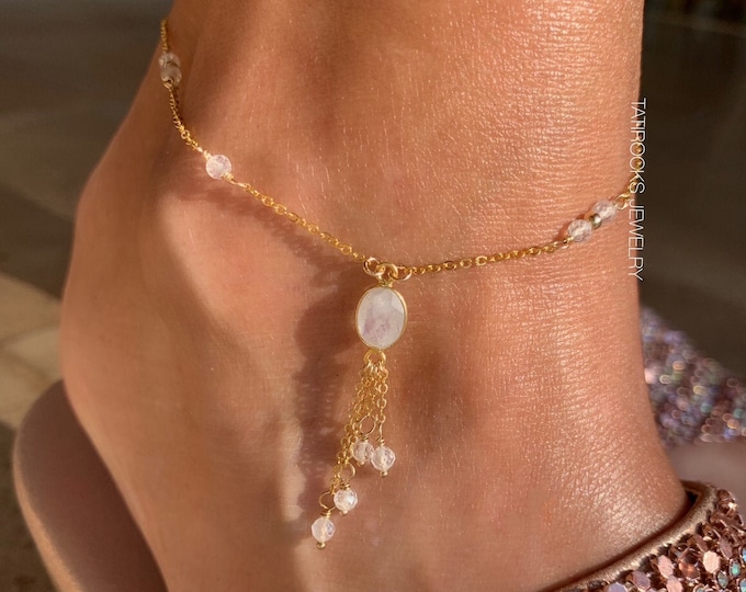 Dawn Moonstone Shaker Anklet, Gold Moonstone Anklet, Gold Shaker Anklet, Beach Boho Moonstone ...