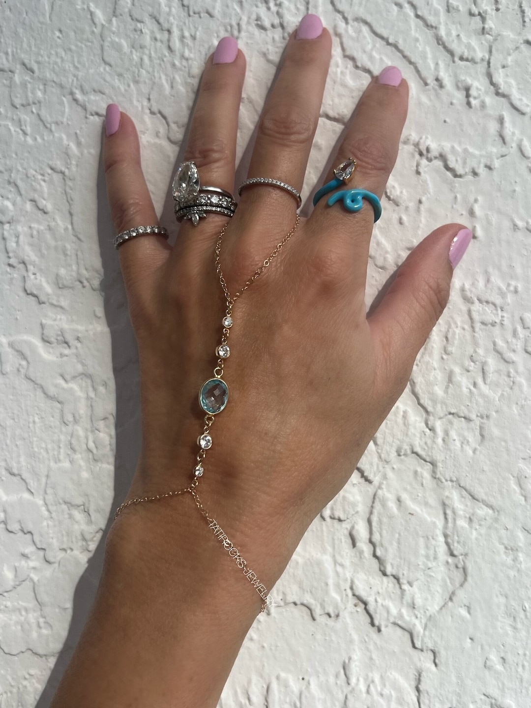 Crush Blue Topaz Hand Chain, CZ Finger Bracelet, CZ Hand Chain, Bridal ...