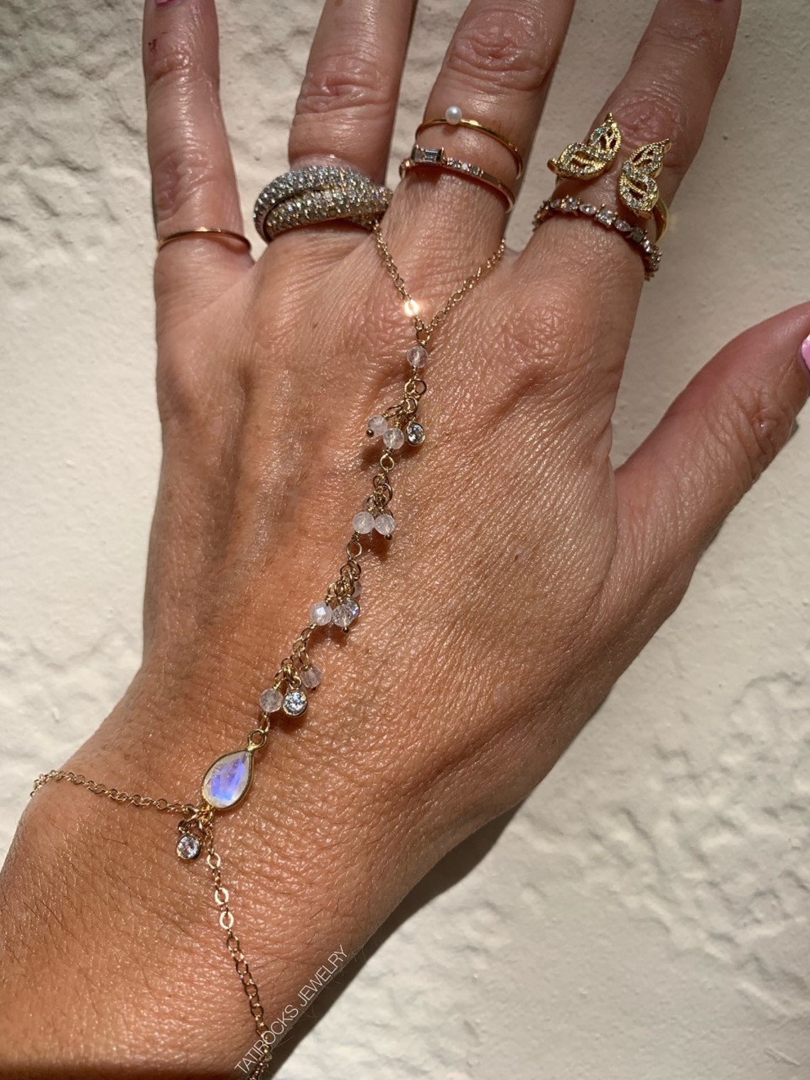 Izzy Moonstone Bracelet, CZ Hand Chain, Shaker Hand Chain, Gold Finger ...