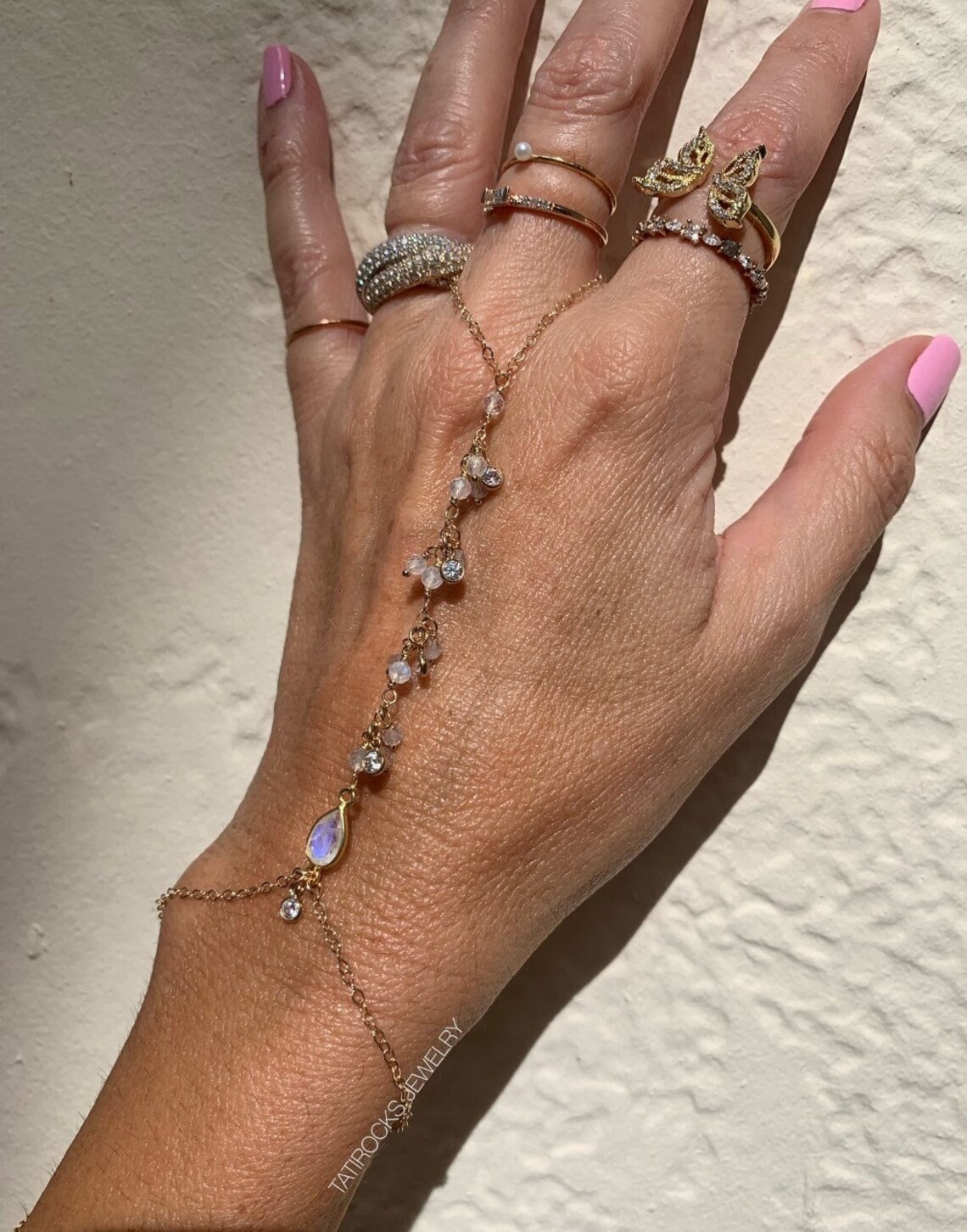 Izzy Moonstone Bracelet, CZ Hand Chain, Shaker Hand Chain, Gold Finger ...