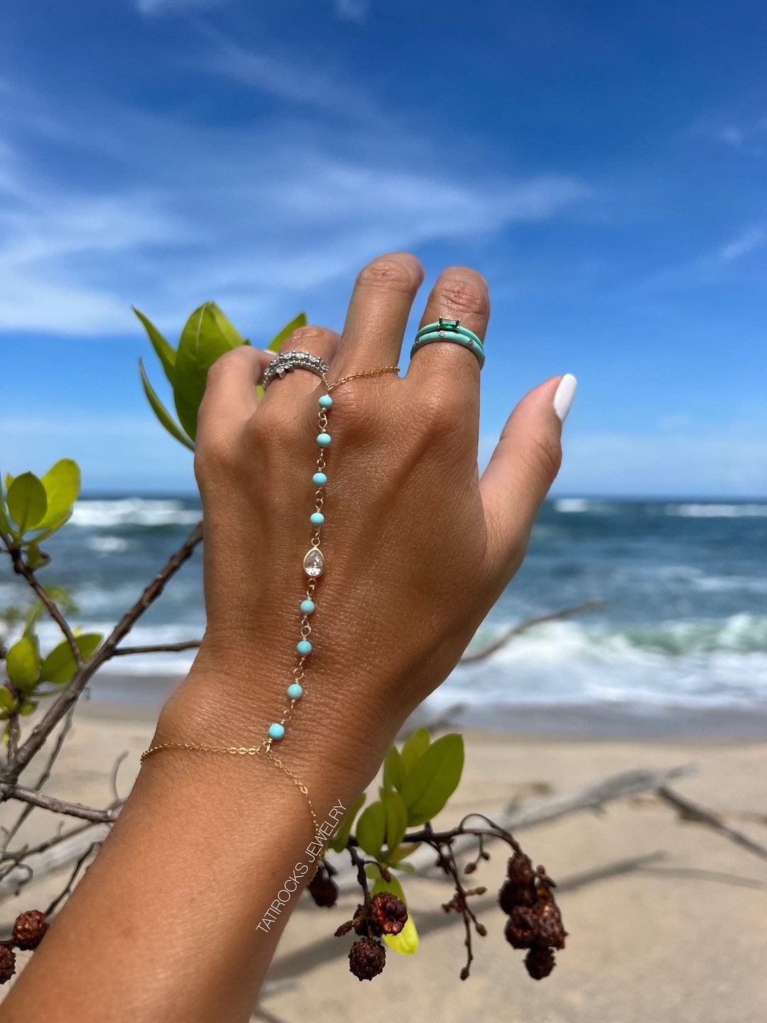 Cici Turquoise Hand Chain, Finger Bracelet, Boho Hand Chain, CZ Hand ...