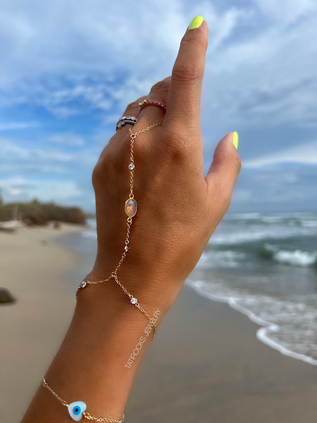 Lala Ethiopian Opal Bracelet, Opal Hand Chain, CZ Hand Chain, Ethiopian ...