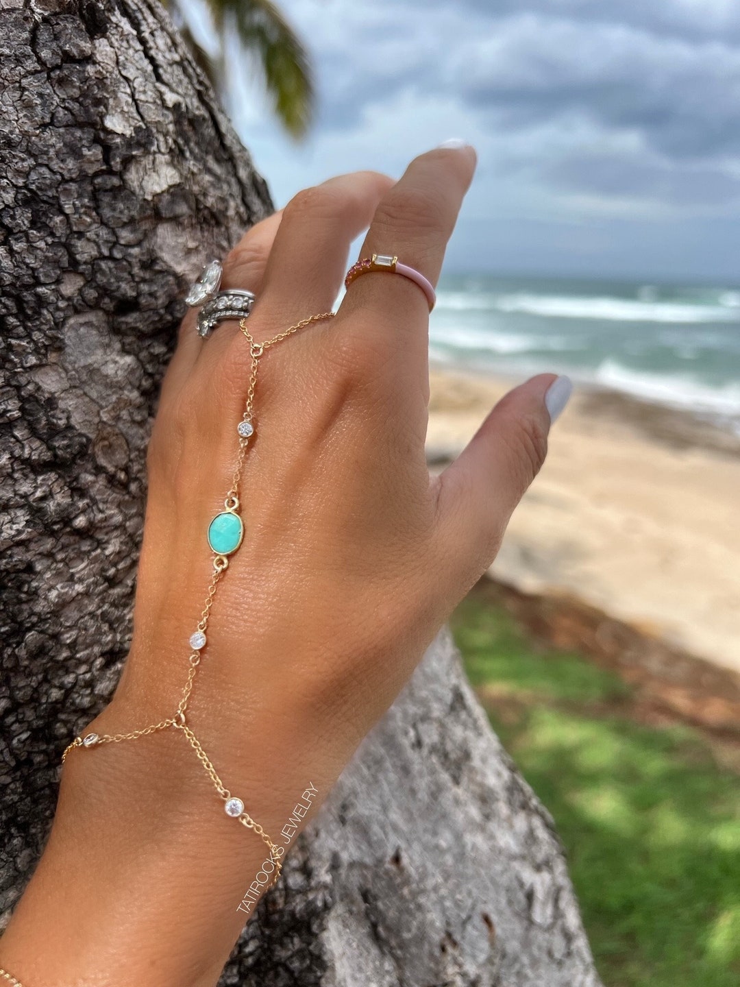 Sundown Turquoise Hand Chain, Finger Bracelet, Boho Hand Chain, CZ Hand ...