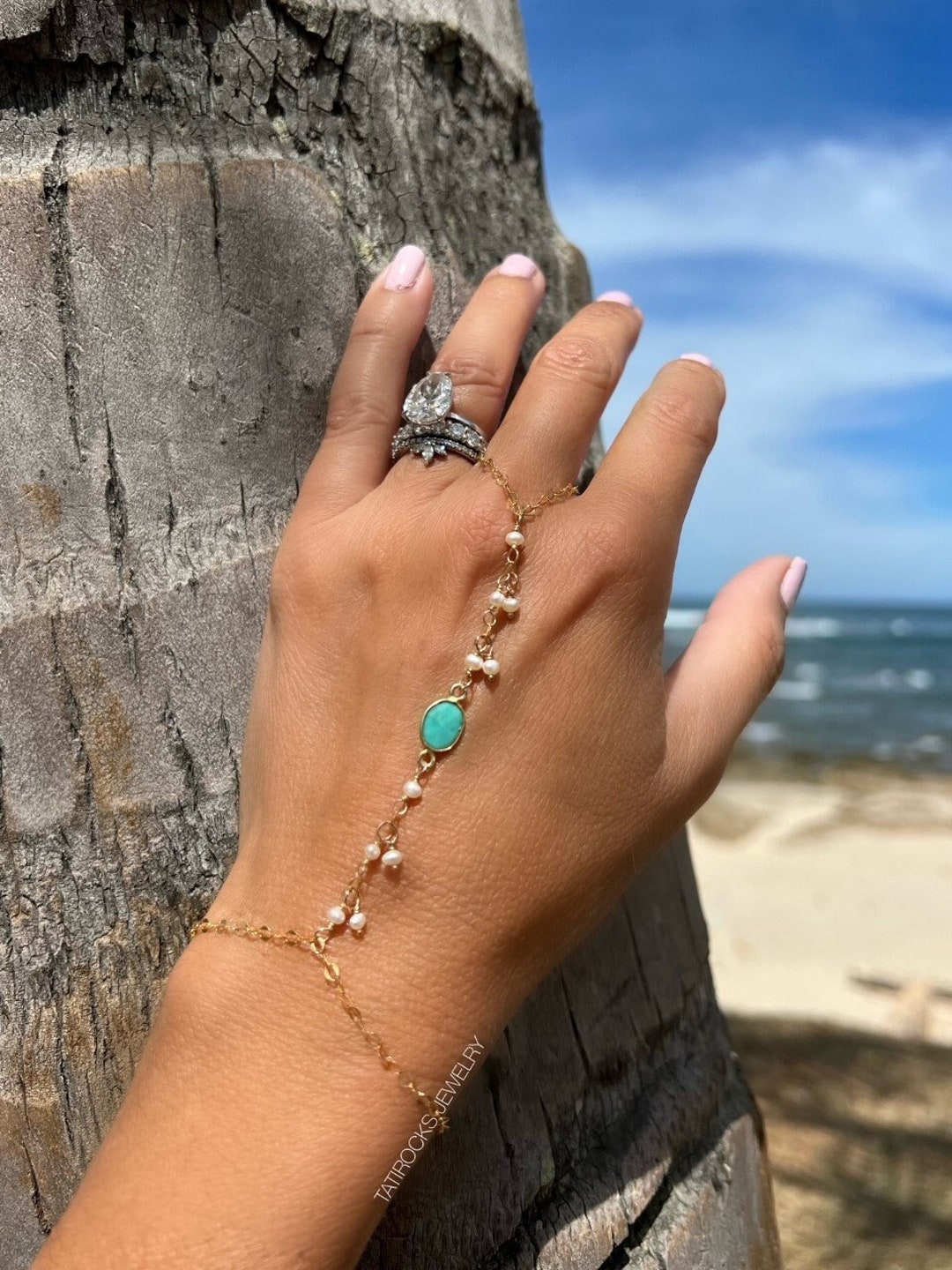 Lagoon Turquoise & Pearl Hand Chain, Pearl Hand Chain, Hand Jewelry ...