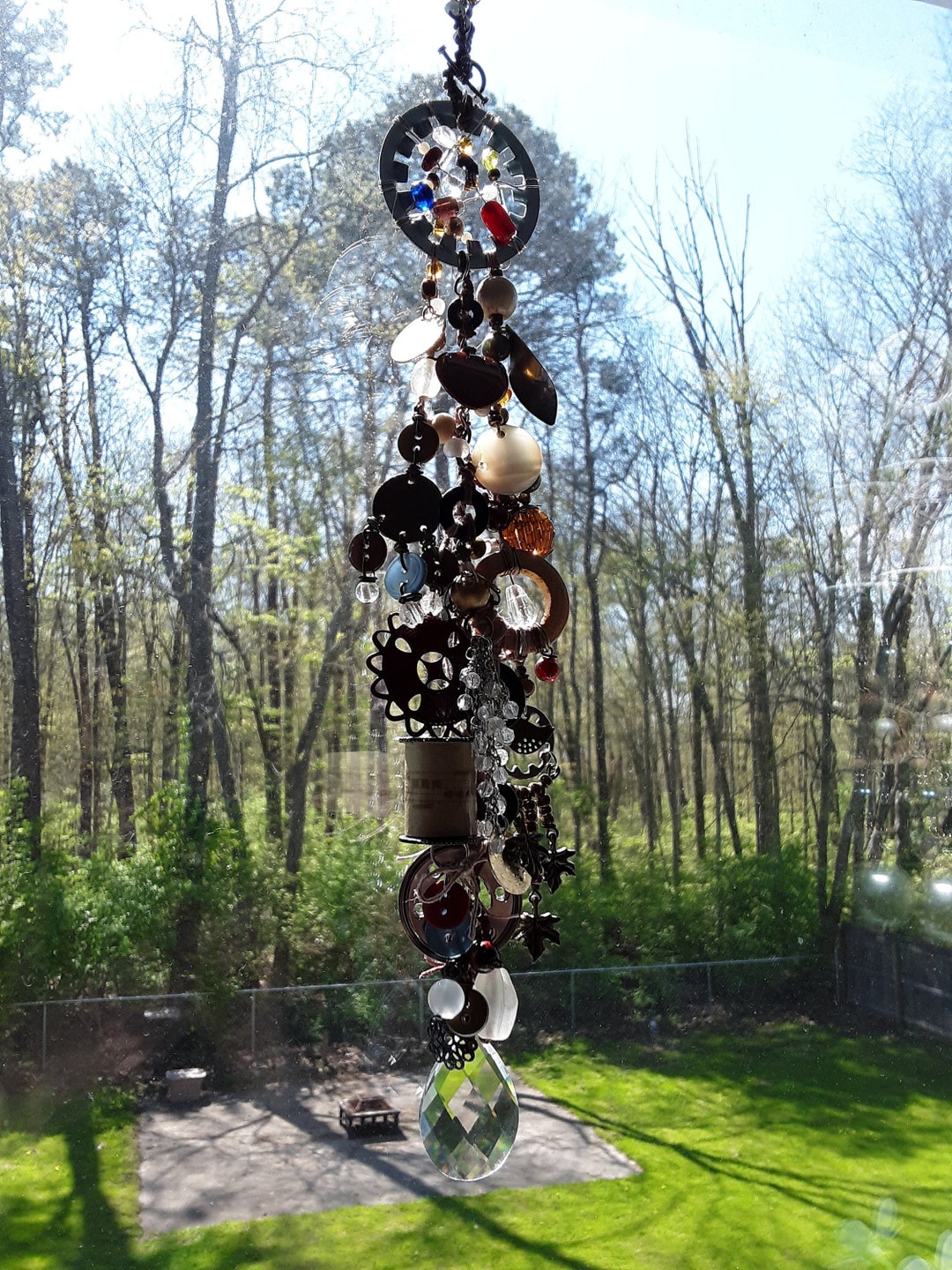 Recycled Repurposed Thread Spool Beaded Heart Leaf Charm Glass Teardrop ...